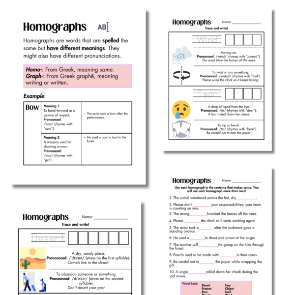 Homophones, Homographs & Homonyms Worksheet Pack - Digital Bakerie Shop